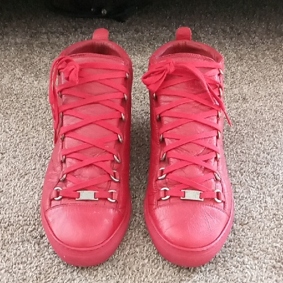 Balenciaga | Shoes | Balenciaga Arena Red High Top Leather Sneakers ...